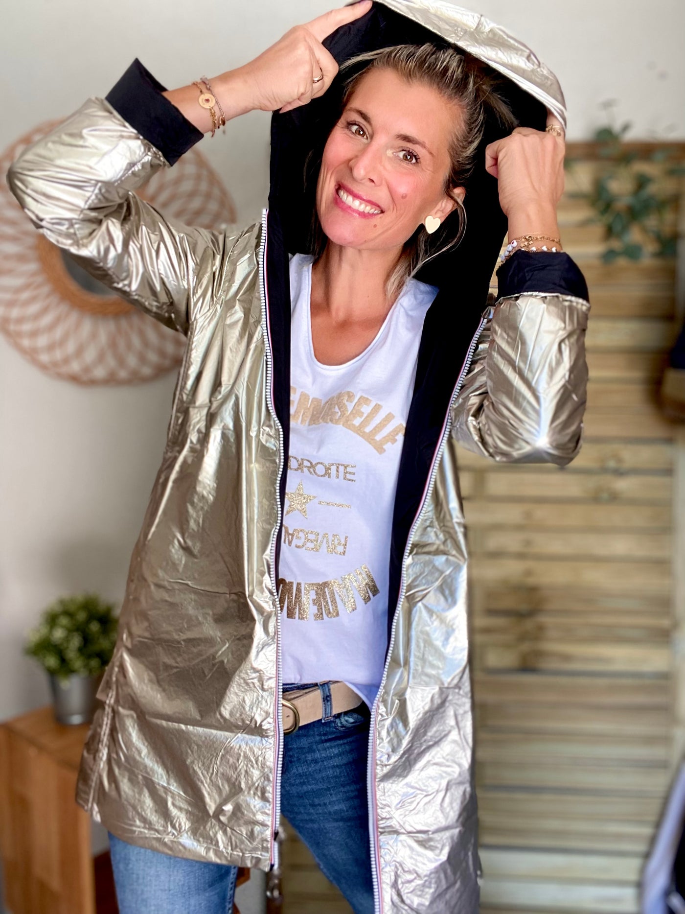 Imperméable Réversible Rembourré LOUISON LONG - Noir/Doré - LAURA JO