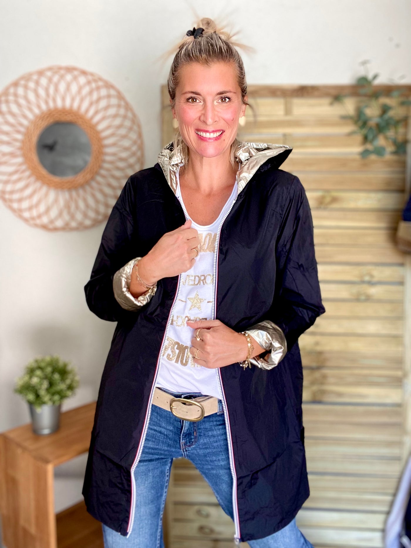 Imperméable Réversible Rembourré LOUISON LONG - Noir/Doré - LAURA JO