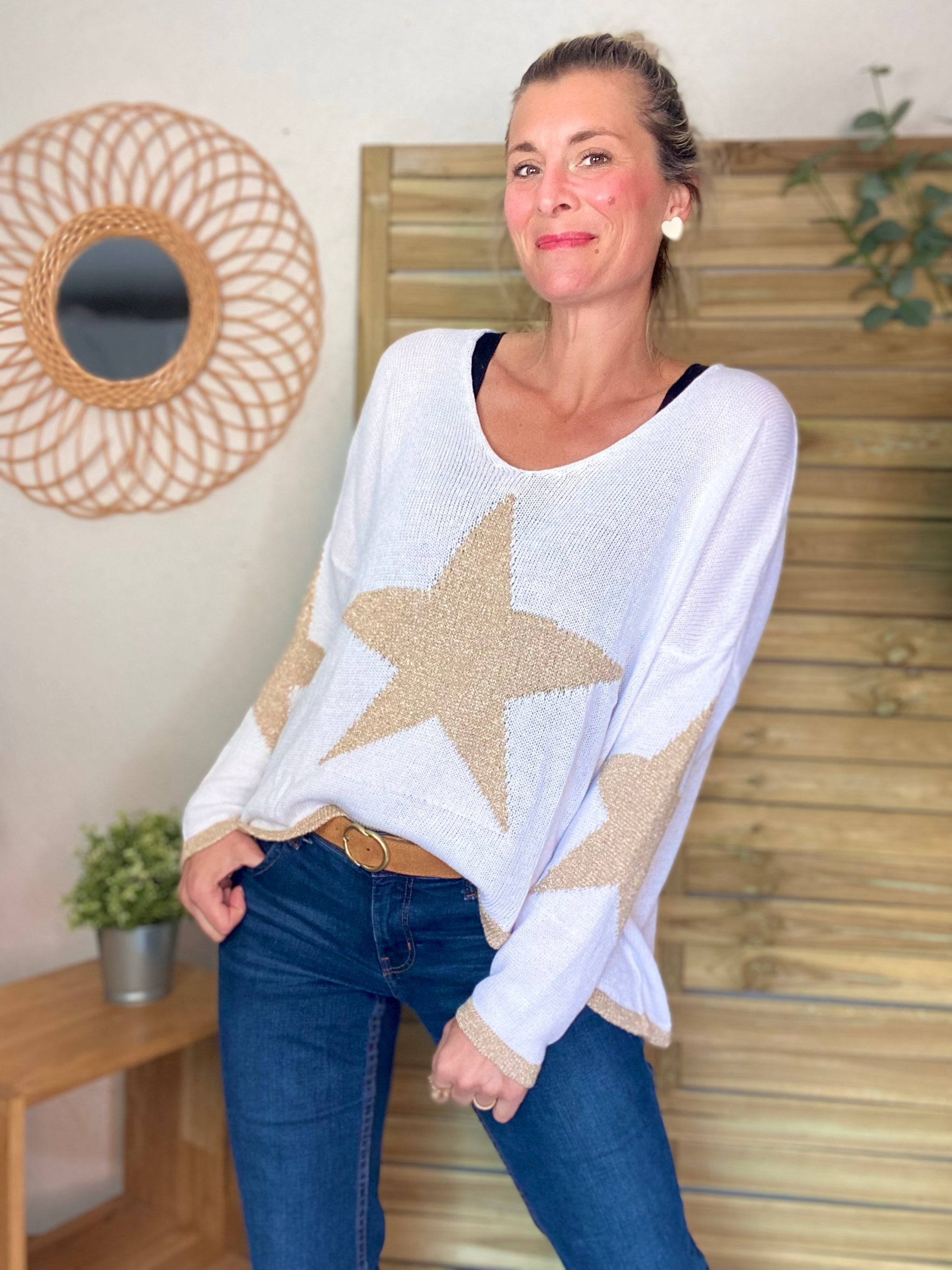 Pull Oversize Col V Etoiles Doré ALMA - Écru