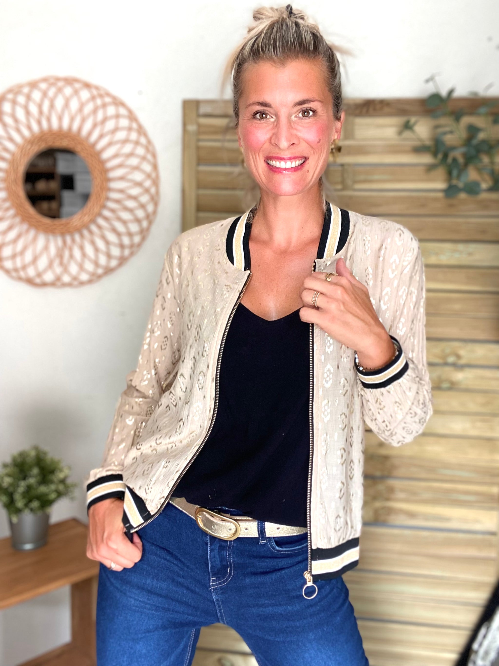 Veste Bombers Léger EMILY - Imprimé Doré Beige (Losanges)