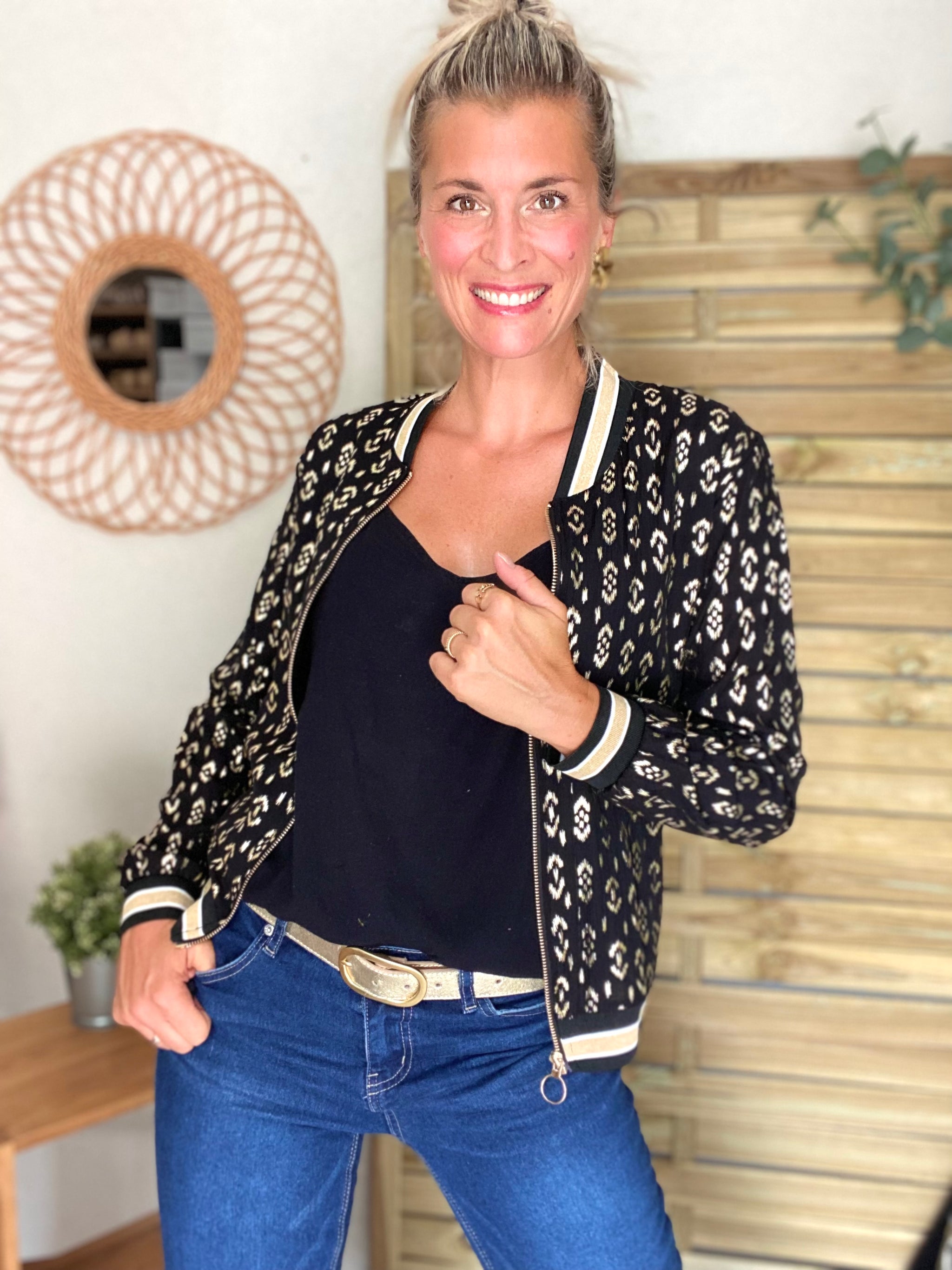 Veste Bombers Léger EMILY - Imprimé Doré Noir (Losanges)